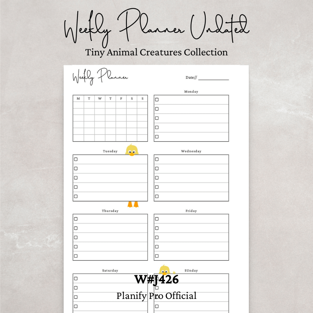 Weekly Planner Undated - Tiny Animal Creature - Planify Pro