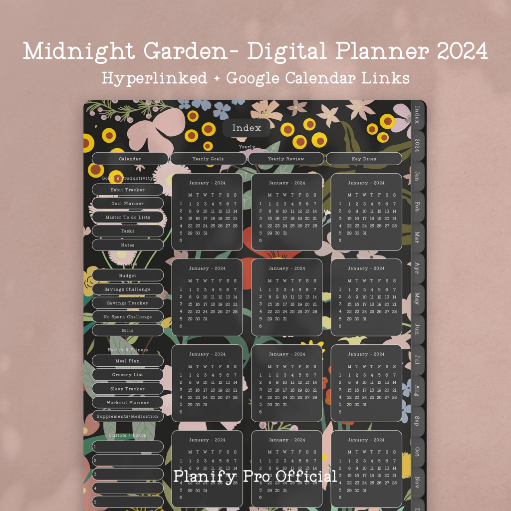 Digital Planner 2024 - Midnight Garden - Planify Pro