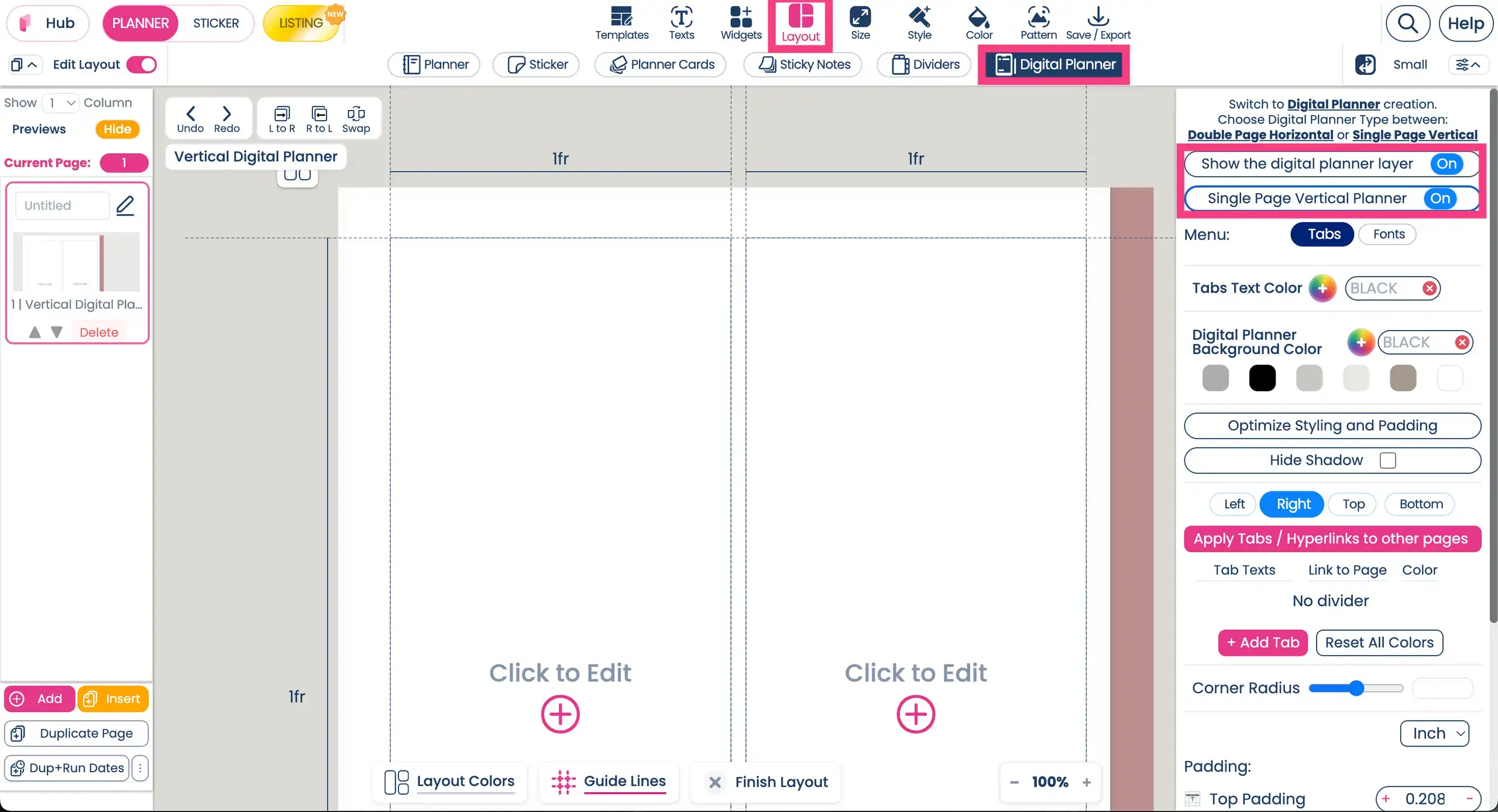 Make a Vertical Digital Planner with One Page - Planify Pro
